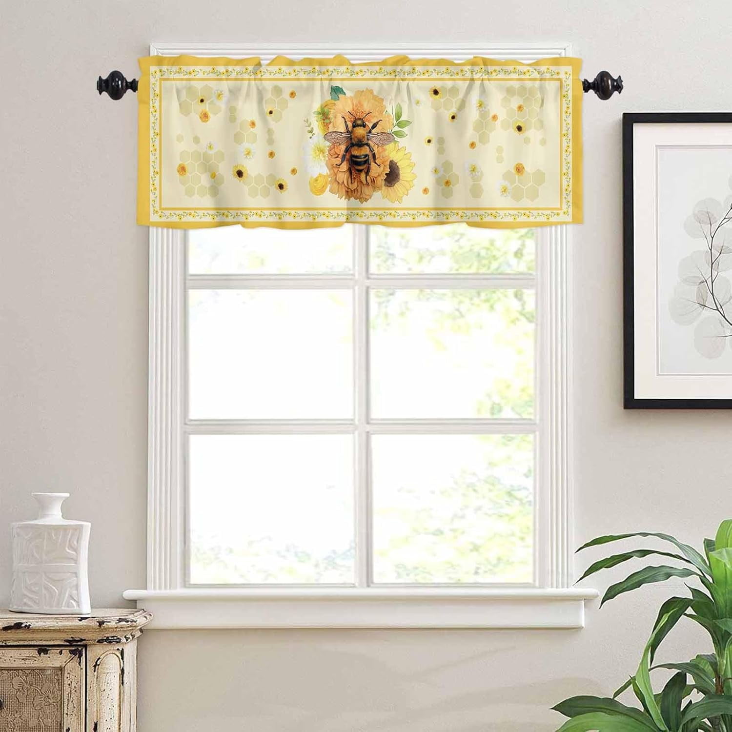 Bee Floral Curtain Valances for Windows, Yellow Flowers Bee Honeycomb ...