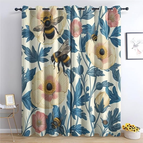 Bee Floral Curtains for Living Room, Honey Bee Flower Blackout Curtains ...