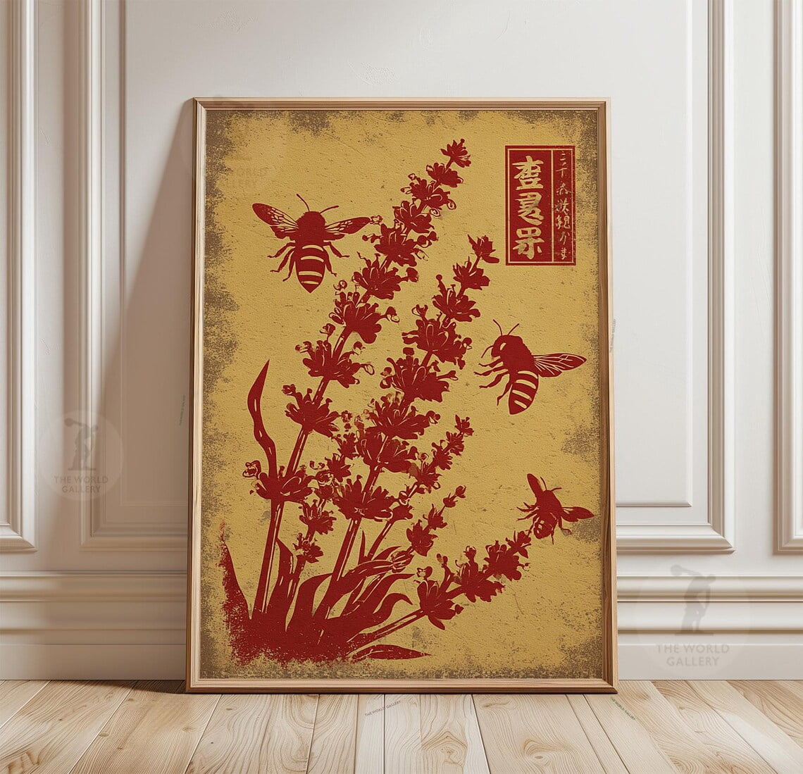 Bee Floral Illustration Red Minimal Botanical Nature Poster Decor ...