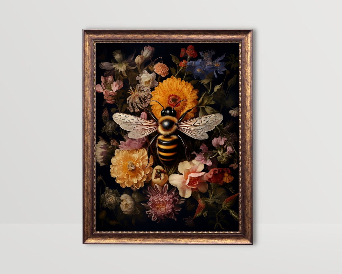 Bee, Floral Insect Wall Art, Vintage Flowers , Goth Cottagecore Decor ...