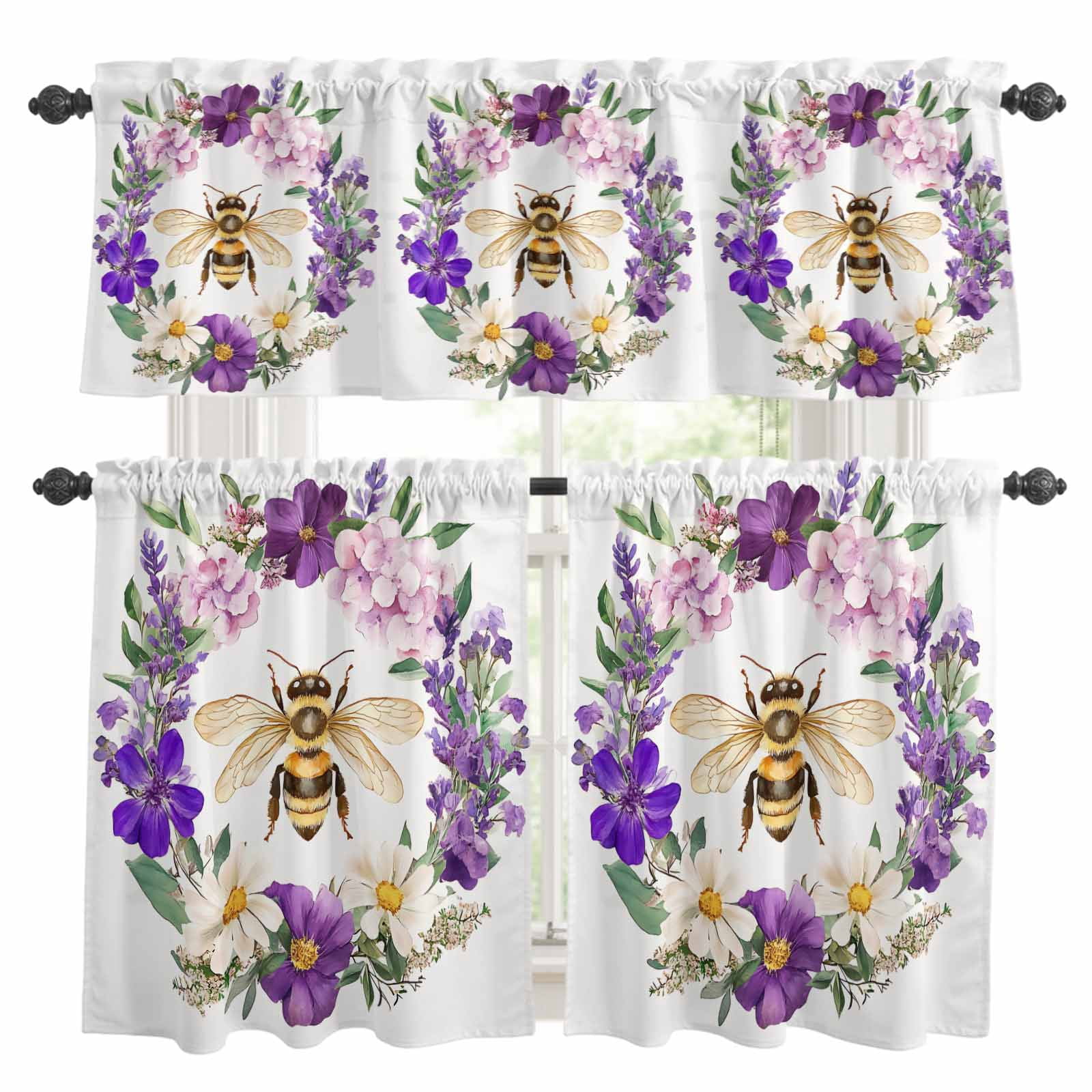 Bee Floral Kitchen Curtains Valances and Tiers Set of 3 Purple Flower ...