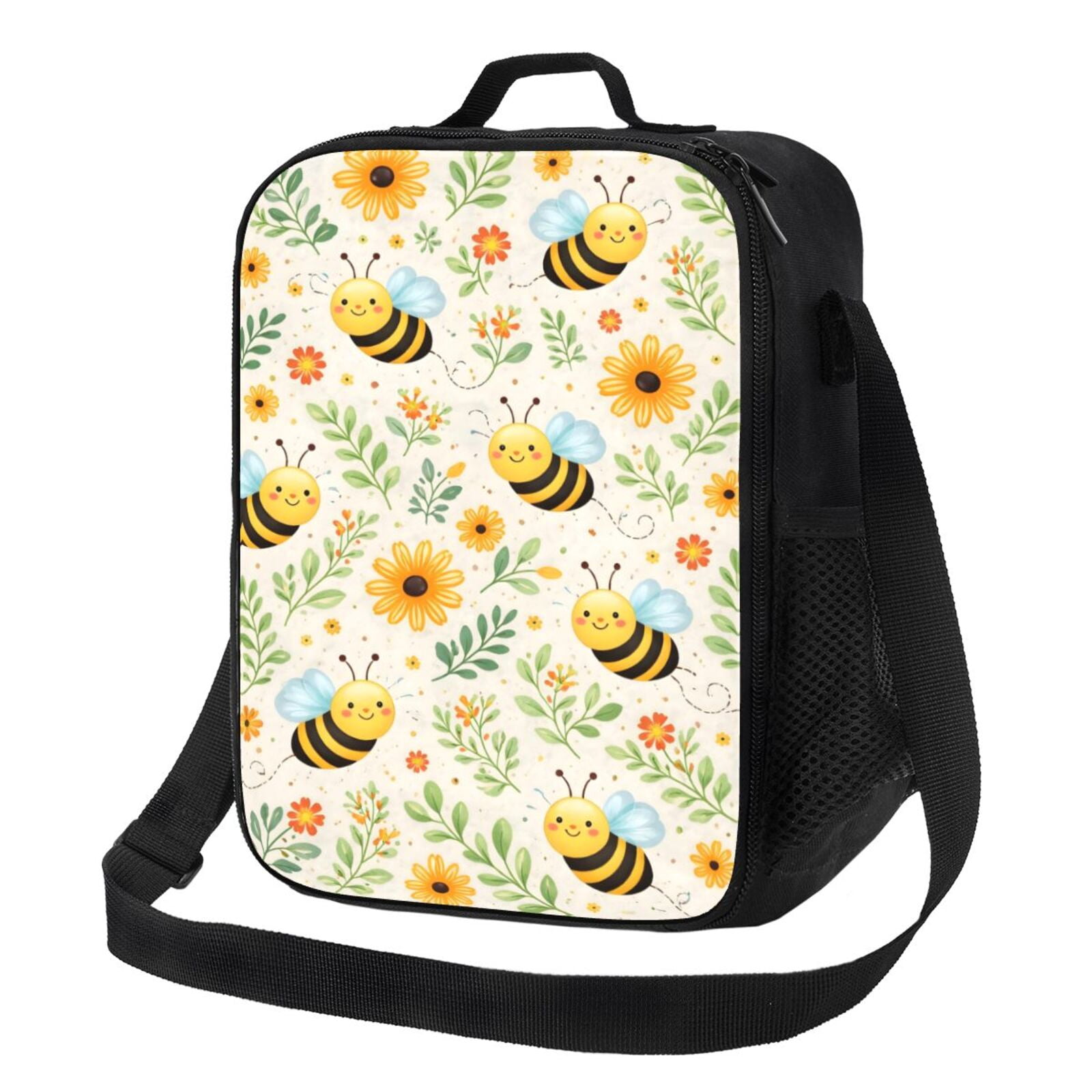 Bee Floral Lunch Bag Insulated Thermal Lunch Box with Shoulder Strap ...