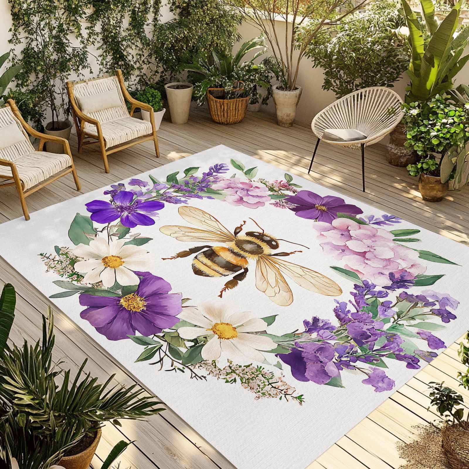 Bee Floral Outdoor Rug, Purple Flower Non-Slip Area Rugs Carpet ...