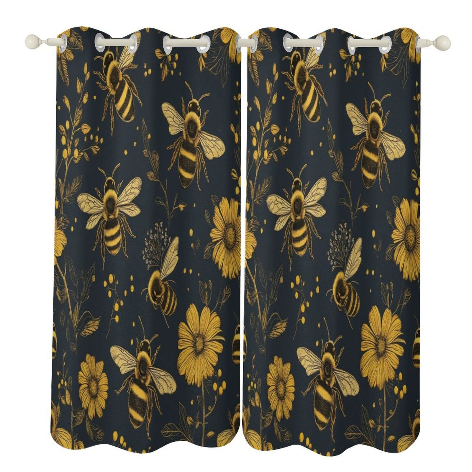 Bee Floral Pattern Blackout Curtains Window Drapes Room Darkening ...