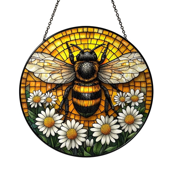 Bee Floral Stained Glass Style Suncatcher, Decorative Window Hanging ...