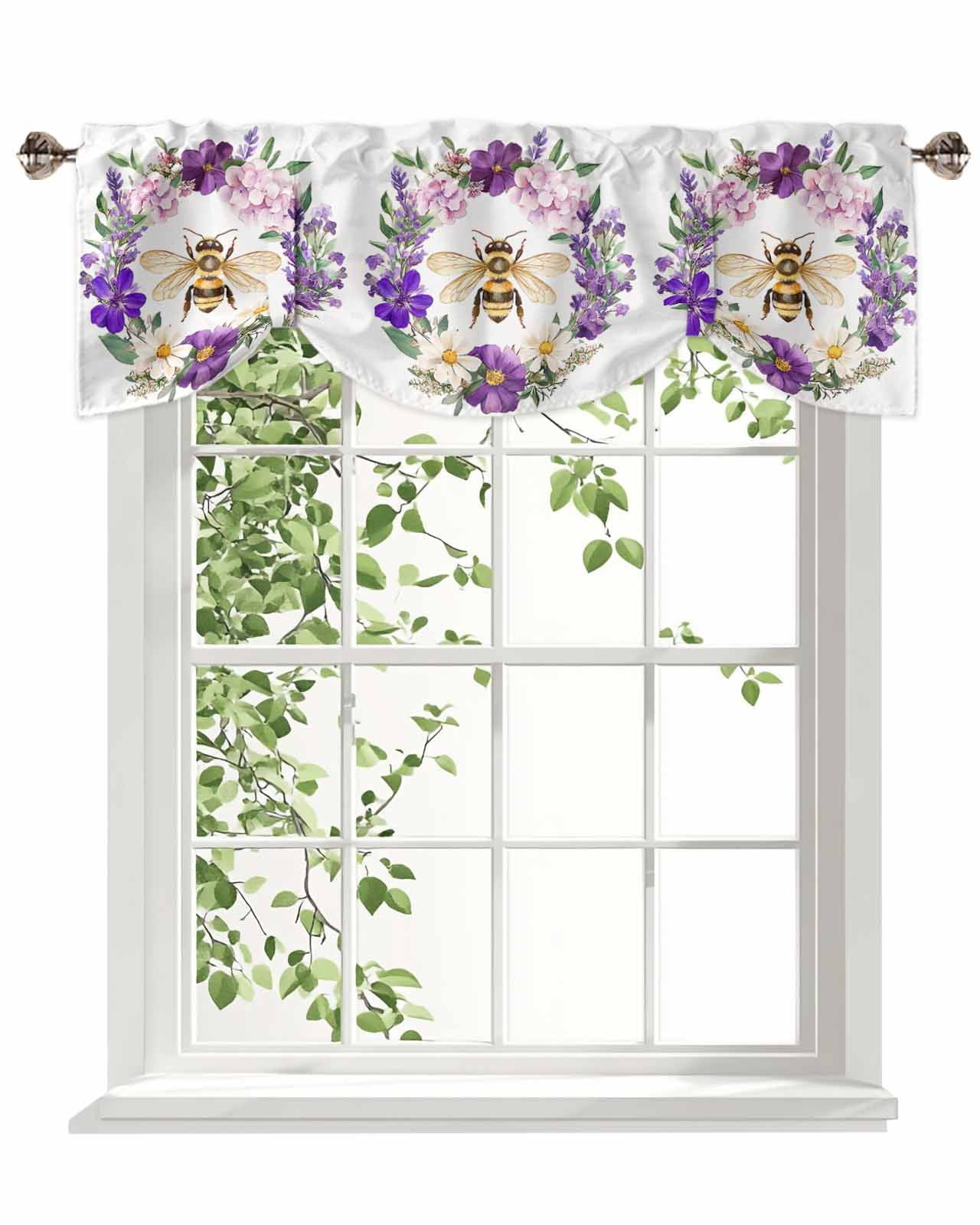 Bee Floral Tie Up Valances Curtain, Purple Flower Kitchen Valances for ...