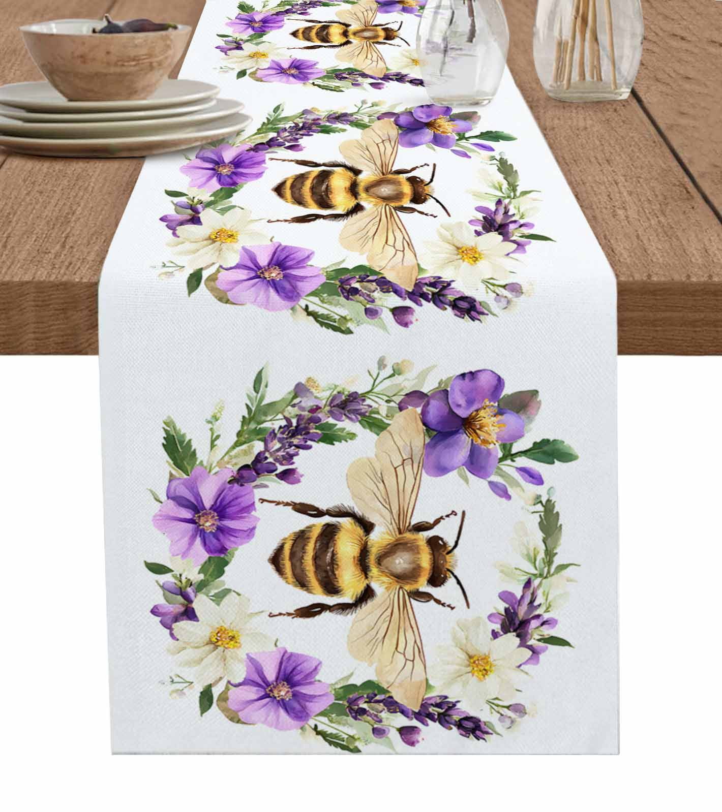 Bee Floral Wreath Burlap Cotton Table Runner 18x72 Inches Long, Purple ...