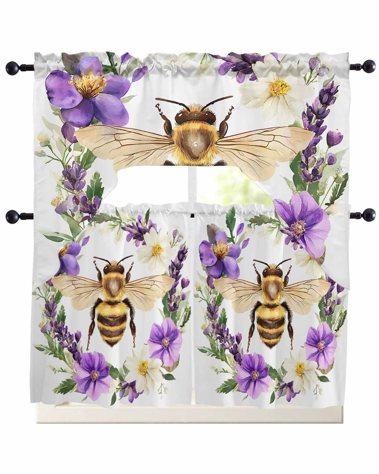 Bee Floral Wreath Kitchen Curtains Sets 24 Inch Length with Valance ...