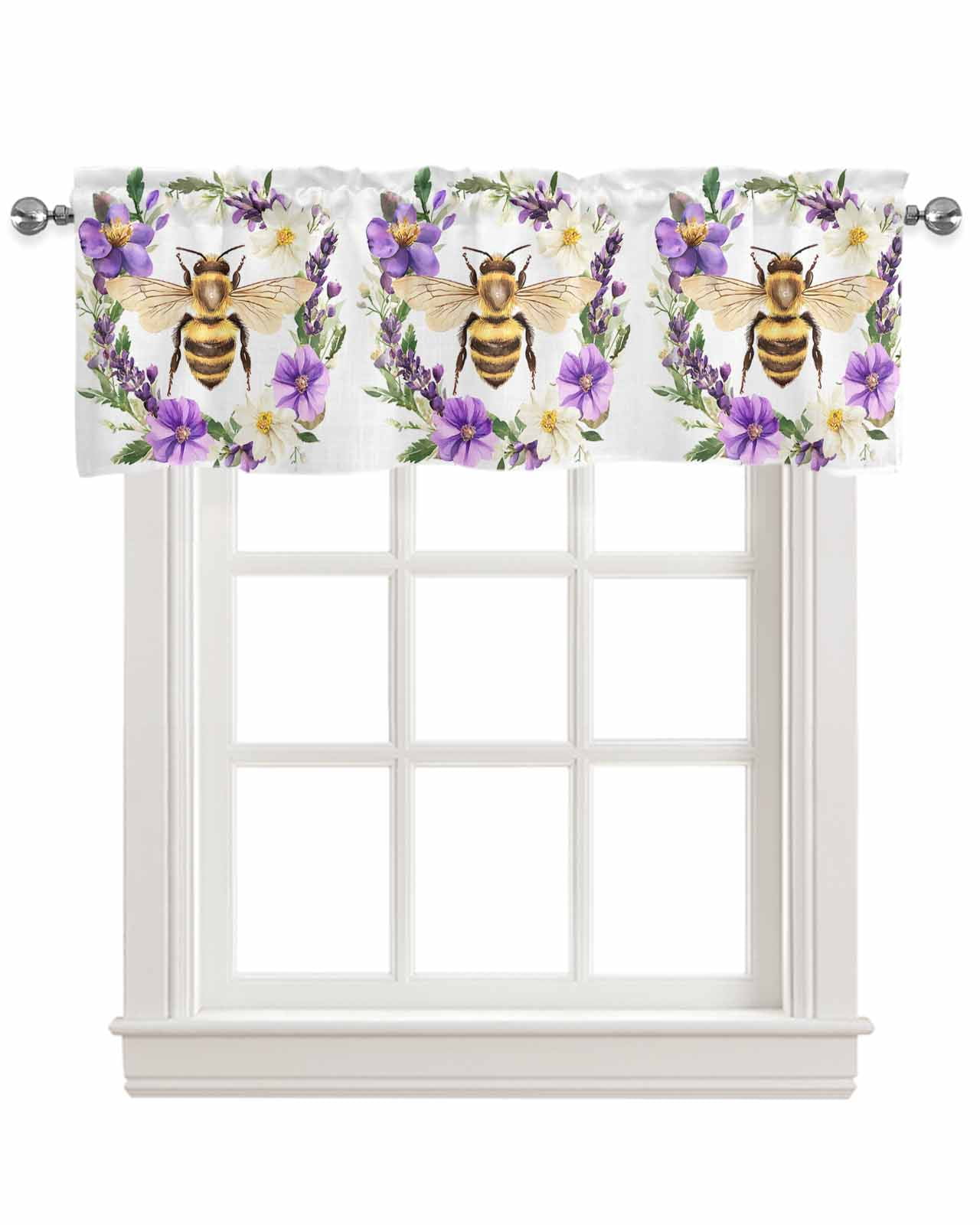 Bee Floral Wreath Kitchen Valances for Windows Farmhouse Linen Window ...