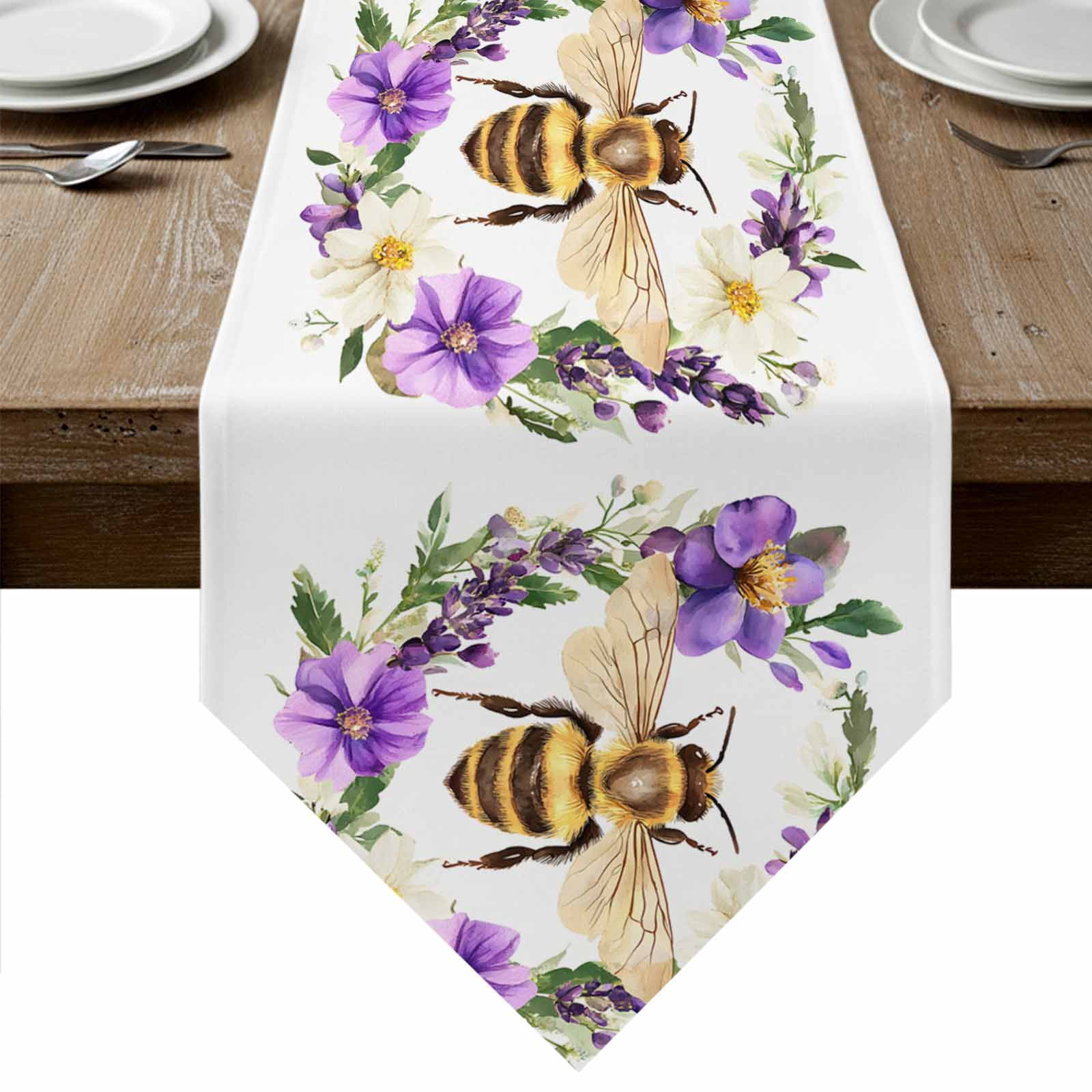 Bee Floral Wreath Table Runner Linen Burlap Table Runner 108 Inches ...