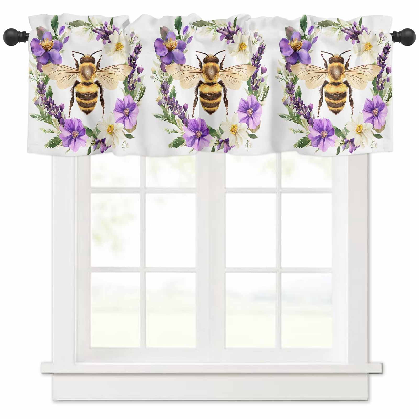 Bee Floral Wreath Valances for Windows Farmhouse Kitchen Curtains ...
