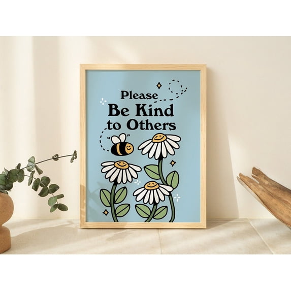 Bee Flower Be Kind Retro Flowers Botanical Blue Cute Decor, Unframed ...