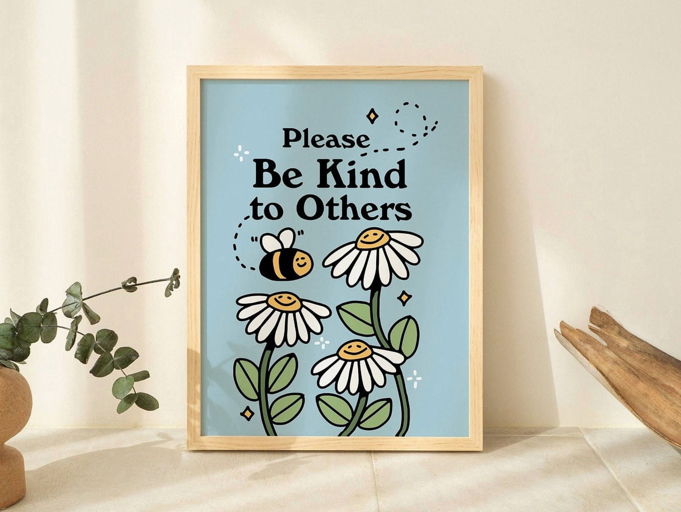 Bee Flower Be Kind Retro Flowers Botanical Blue Cute Decor Unframed ...