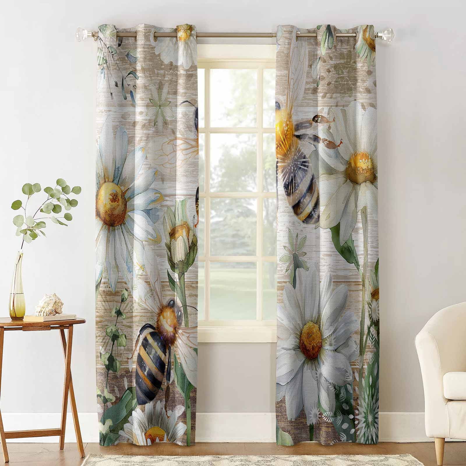Bee Flower Blackout Curtains 84 Inches Length, White Daisy Floral Rustic Rustic Woodgrain Window ...