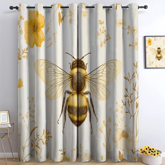 Bee Flower Blackout Curtains, Hand Painted Botanical Window Drapes for ...
