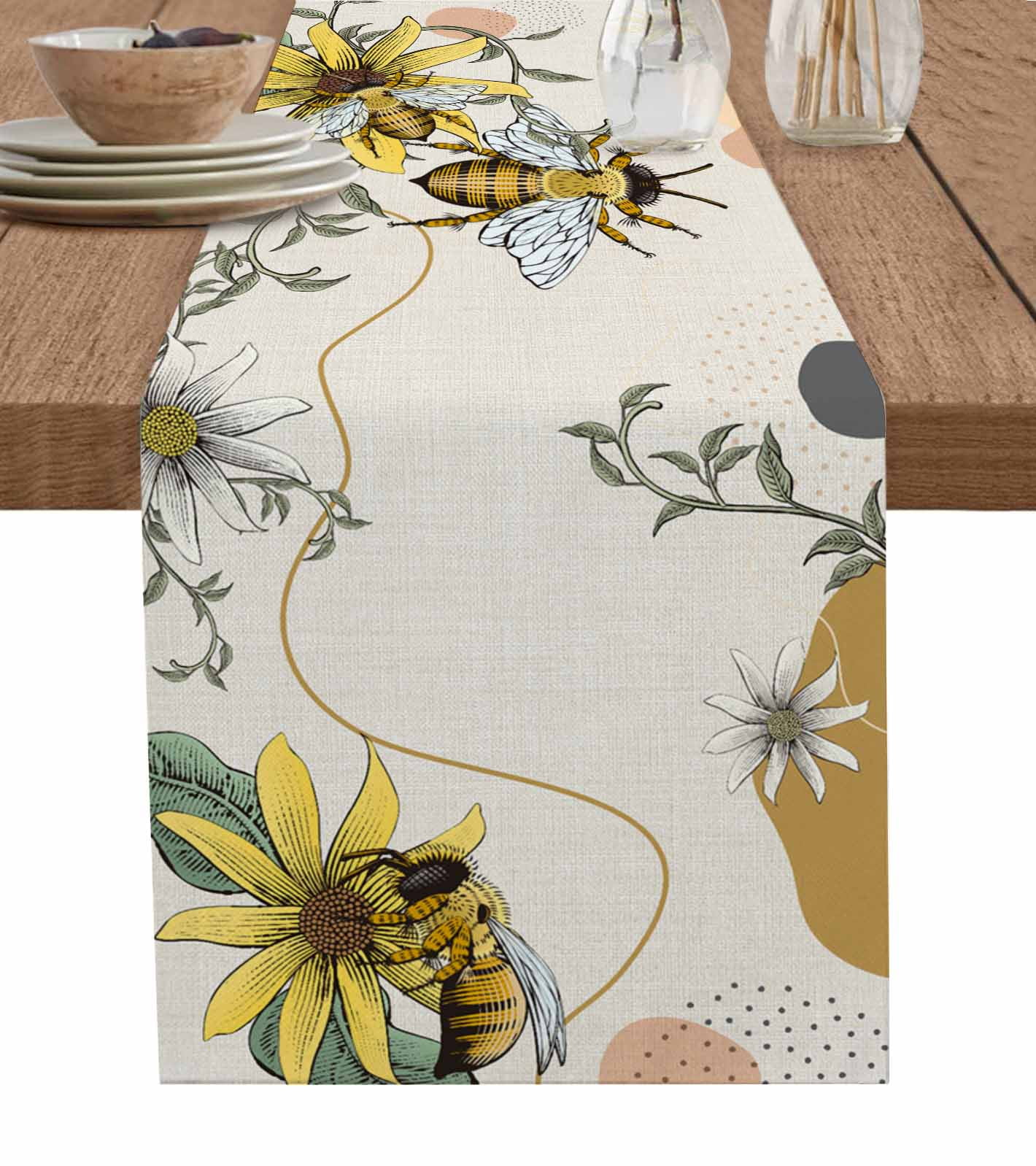 Bee Flower Border Leaves Bohemia Table Runner Wedding Coffee Table ...