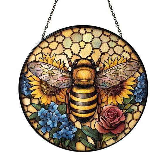 Bee Flower Glass Suncatcher for Window Decor, Botanical Light Catcher ...