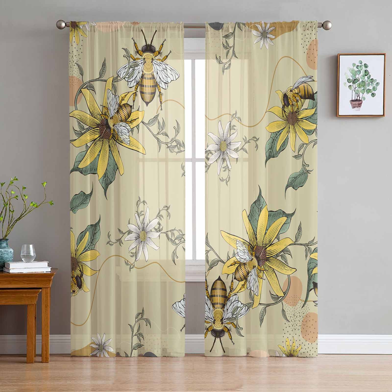 Bee Flower Leaf Bohemian Wind Tulle Sheer Curtain Living Room Adults ...