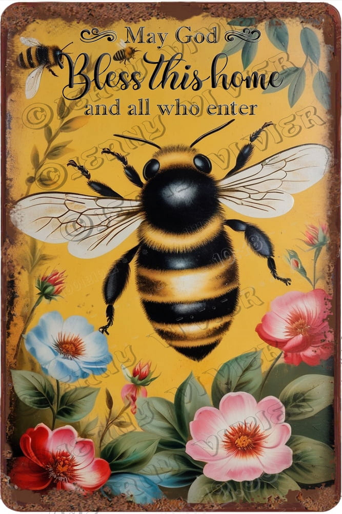 Bee & Flower May God Bless This Home And All Who Enter Vintage Aluminum Sign 12"x8" New Metal ...