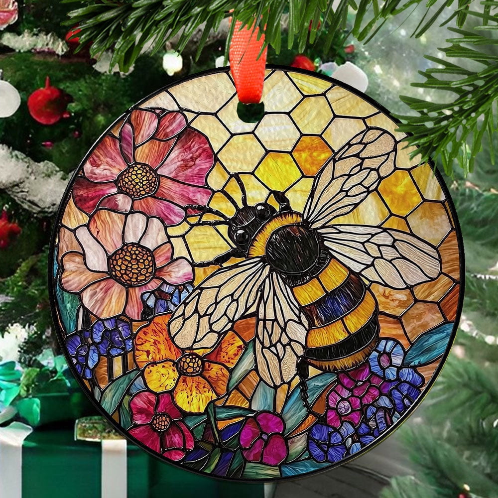 Bee and Flower Ornament Suncatcher Round Honeycomb Window Hanging ...
