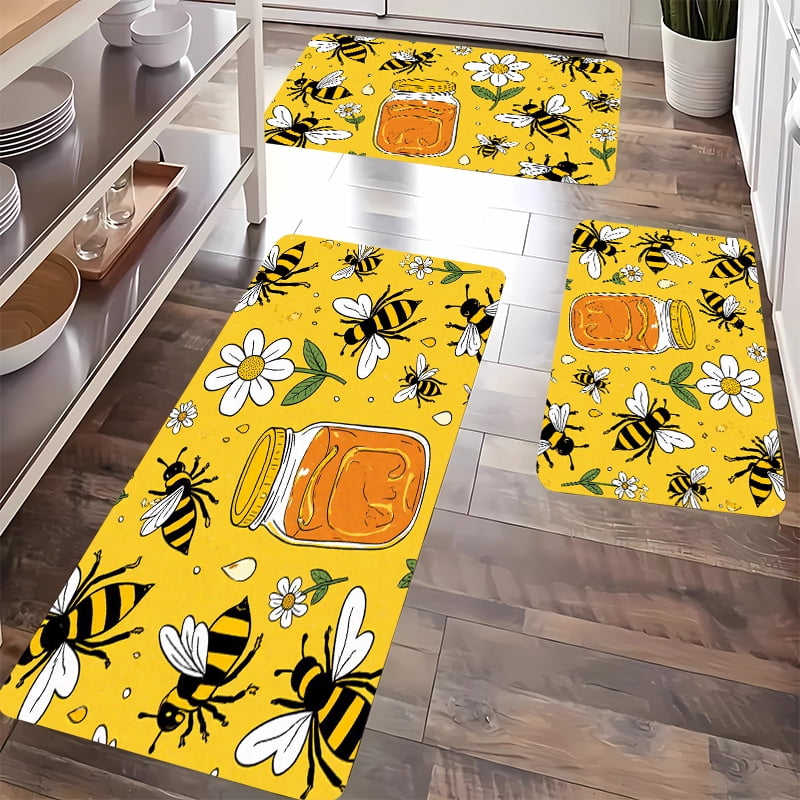 Bee Flower Pattern Floor Mat, Flannel Cushion Pad for Kitchen Bathroom ...