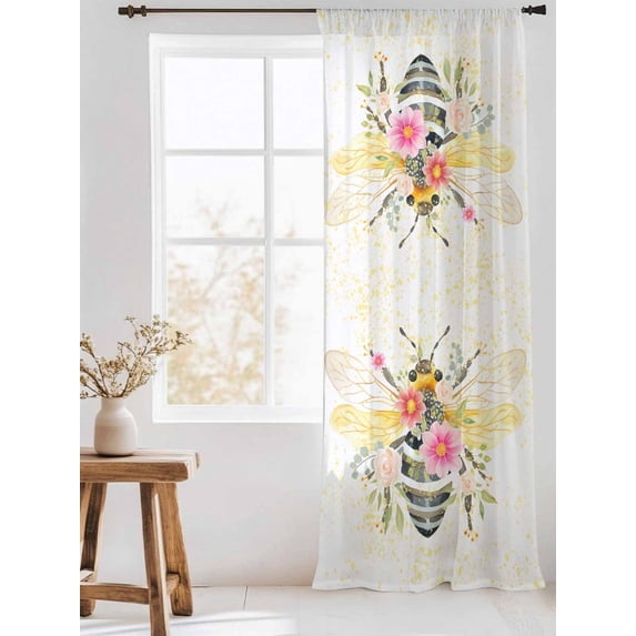 Bee Flower Sheer Curtains 108 Inch Long 1 Panel Watercolor Floral ...