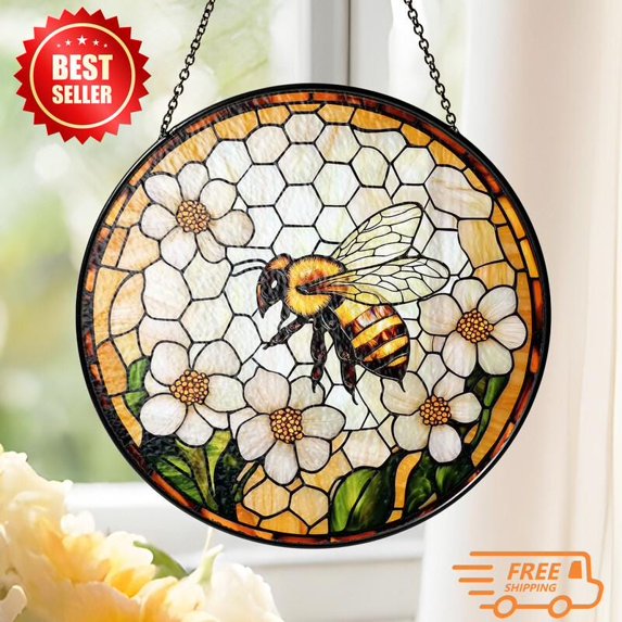 Bee & Flower Suncatcher, Glass-Effect Honeycomb Round Window Panel ...