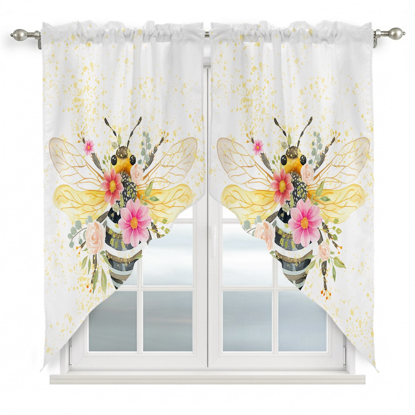 Bee Flower Swag Valances for Windows 36 inches Long, Watercolor Floral ...