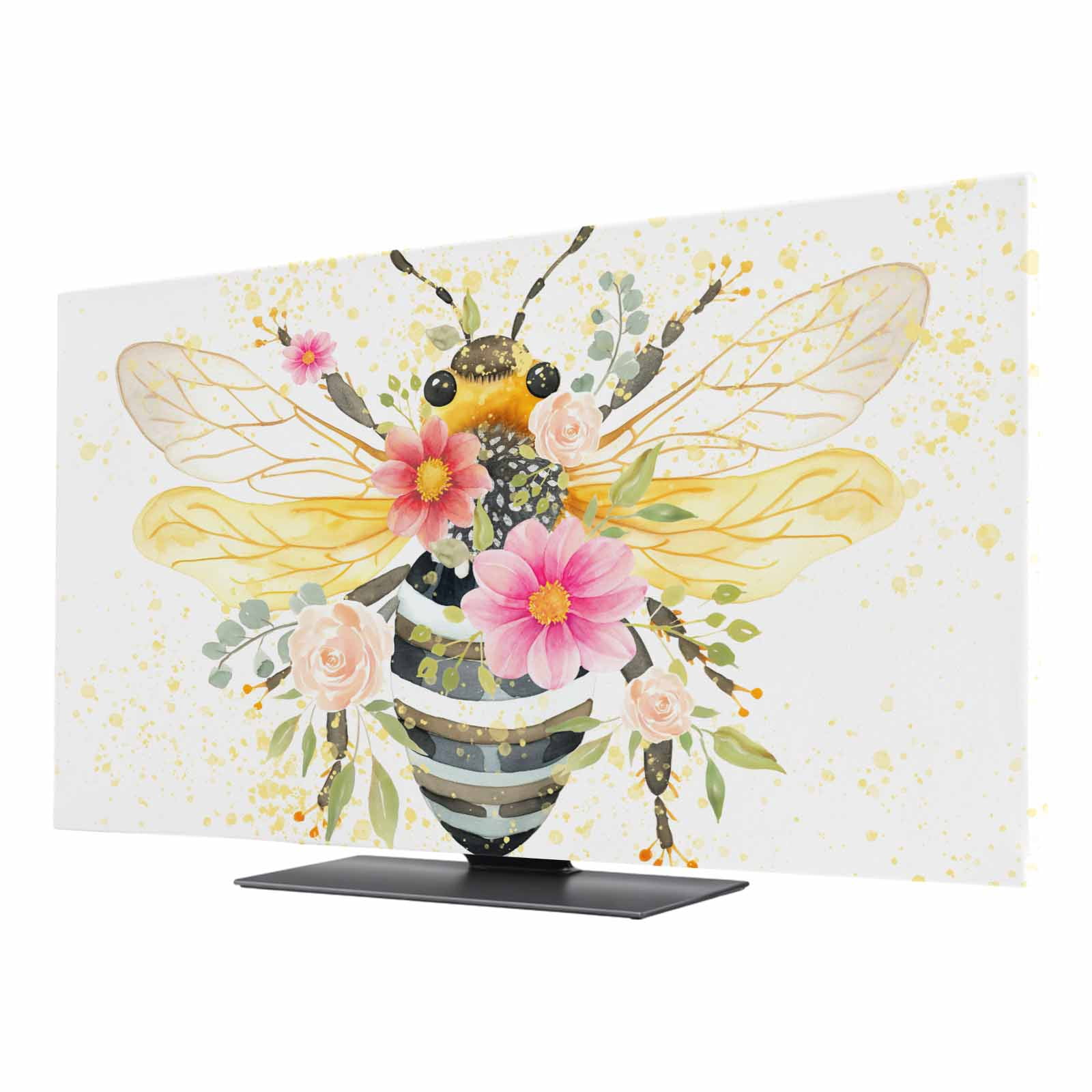 Bee Flower TV Dust Cover 75 Inch, Watercolor Floral Golden Polka Dot ...