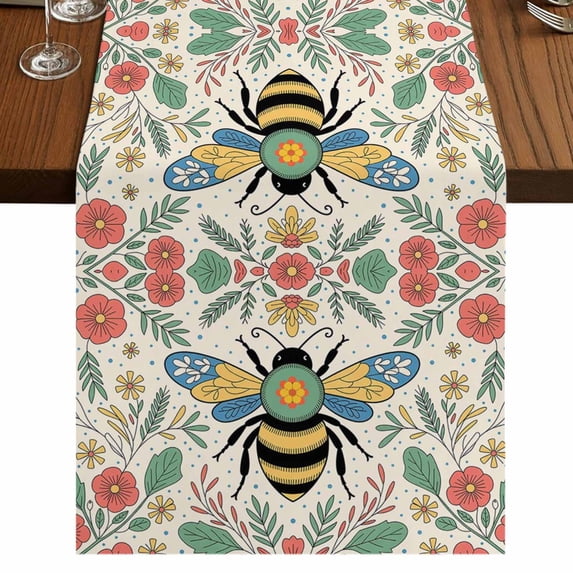 Bee Flowers 120 Inch Table Runner, Farmhouse Retro Botanical Floral ...