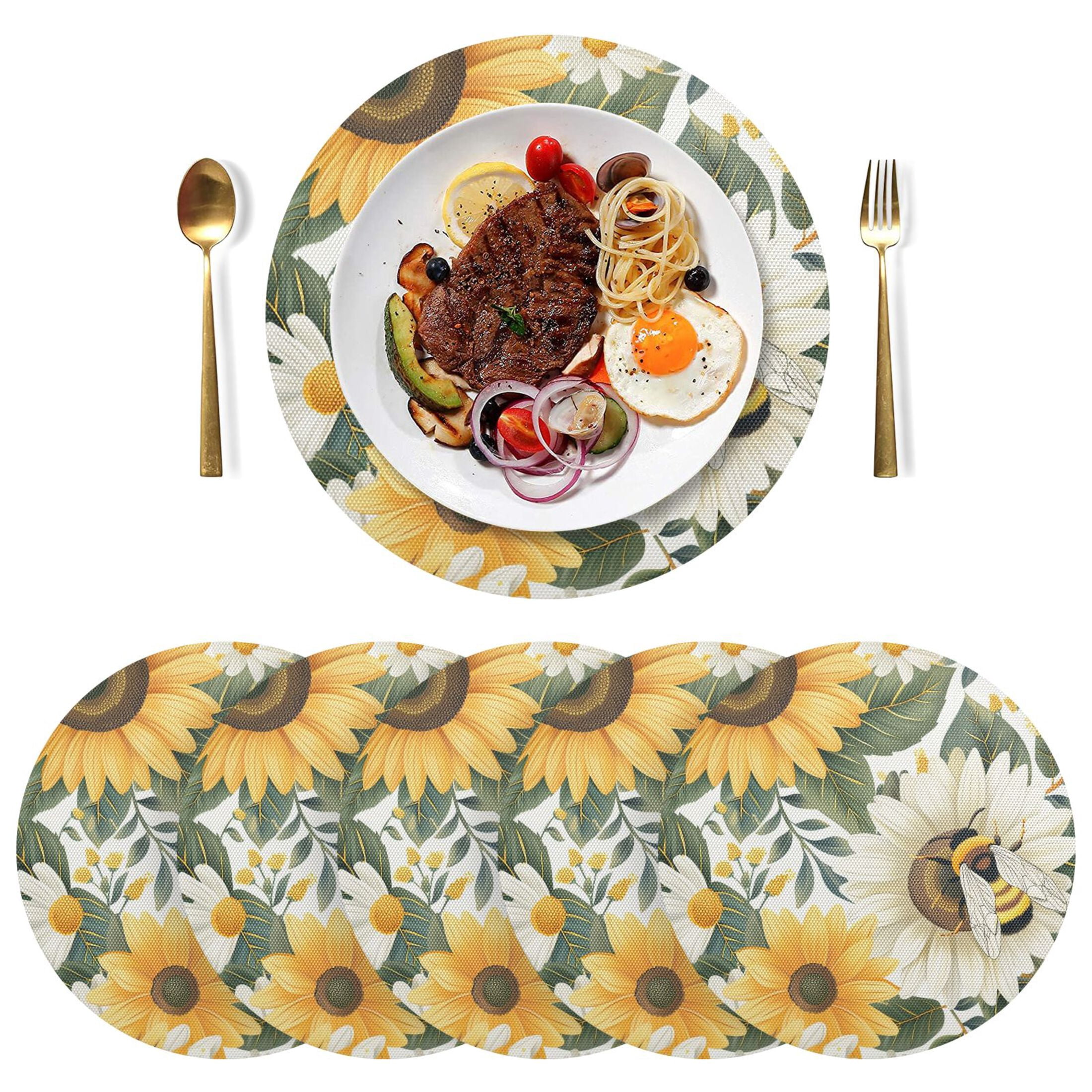Bee Flowers Black Round Placemats Plate Mats 15 Inch Non-Slip Heat ...