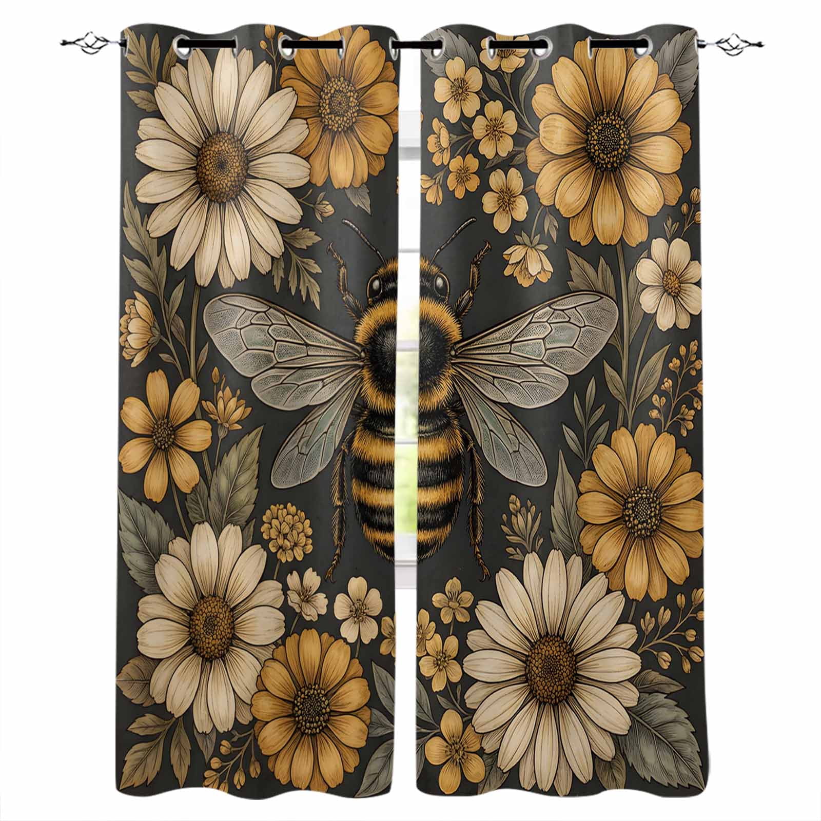 Bee Flowers Blackout Curtains for Bedroom Living Room Darkening ...