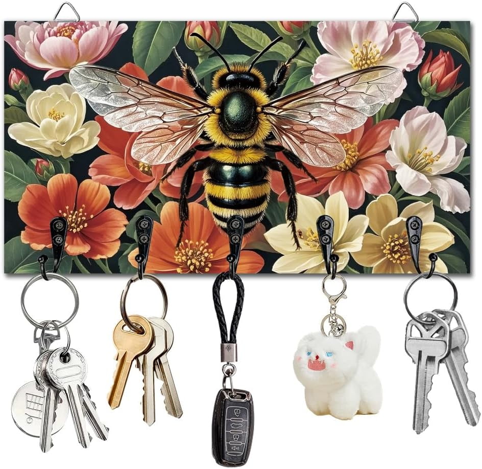 Bee Flowers Key Holder Key Hooks Wall Mounted Wooden Key Racks with 5 ...
