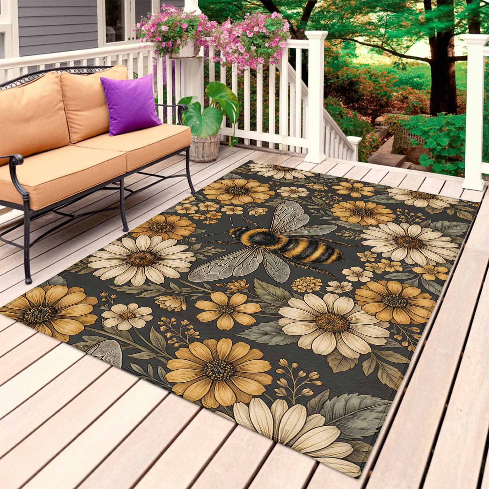 Bee Flowers Outdoor Rug 5x8 Ft, Non Slip Washable Area Rug, Retro ...