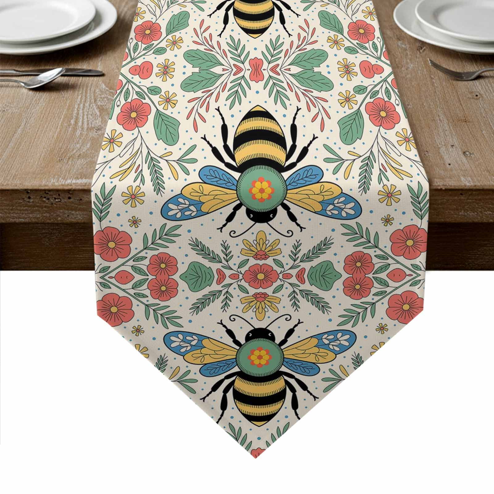 Bee Flowers Table Runner Linen Burlap Table Runner 70 Inches Long ...