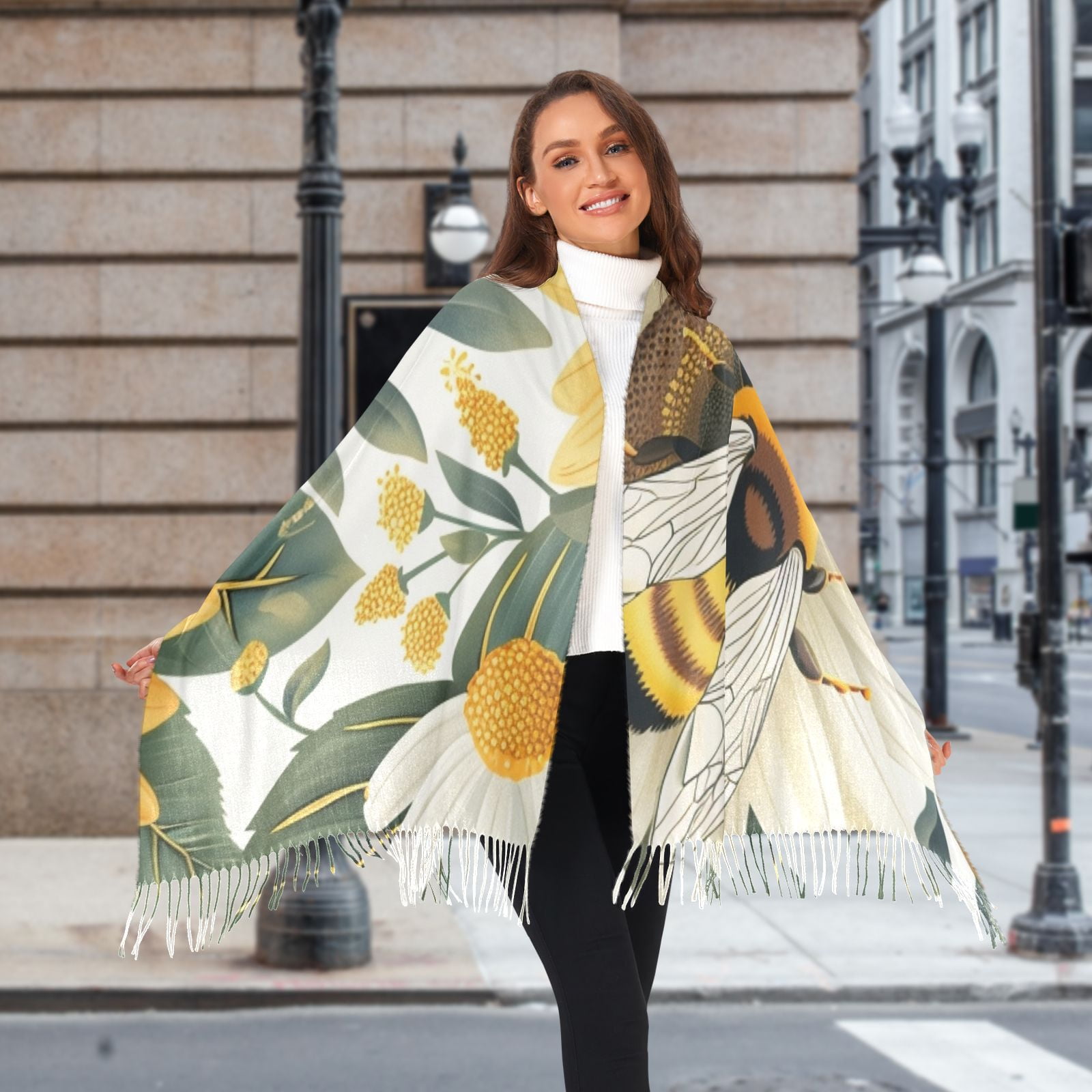 Bee Flowers Winter Scarf for Women Fashion Warm Long Soft Blanket ...