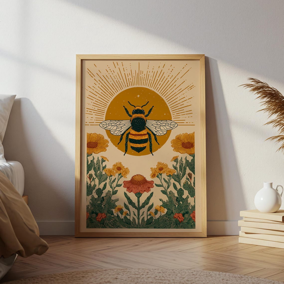 Bee Folk Art Print, Sun Flowers Botanical Illustration, Unframed Paper ...