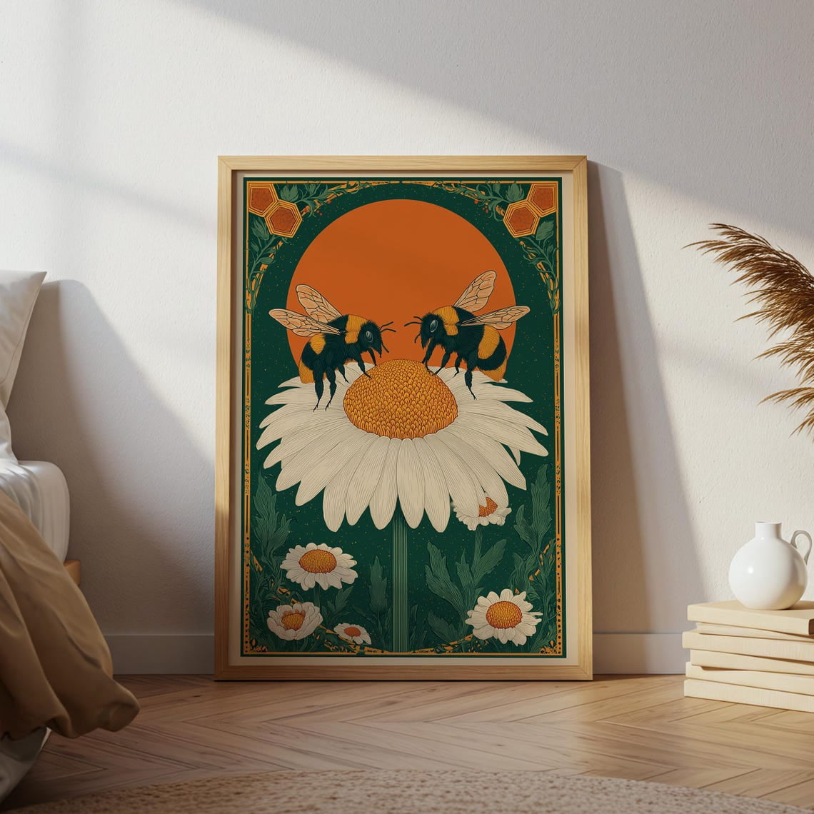 Bee Folk Art Vintage Daisy Wall Art, Unframed Paper Print Size 16x24 ...