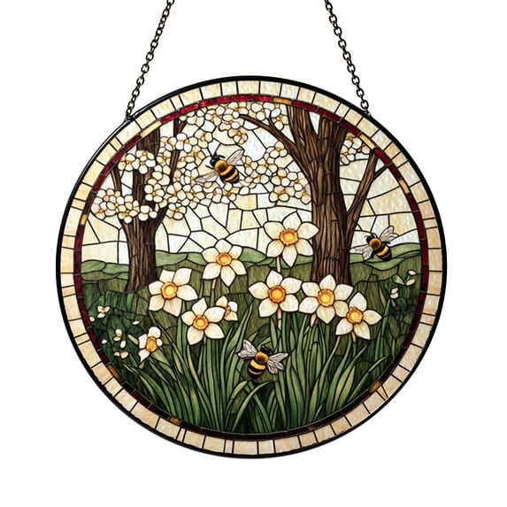 Bee Forest Wildflower Stained Glass Style Suncatcher Window Hanging ...