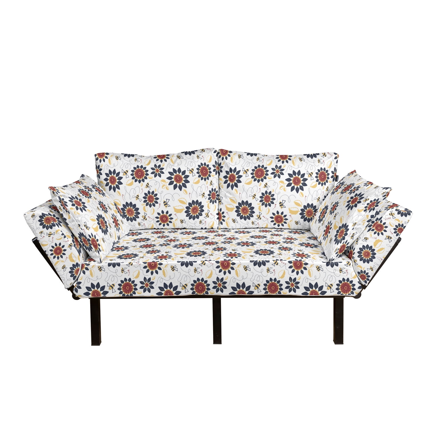 Bee Futon Couch, Sunflowers with Flyaway Leaves and Funny Bees Summer ...