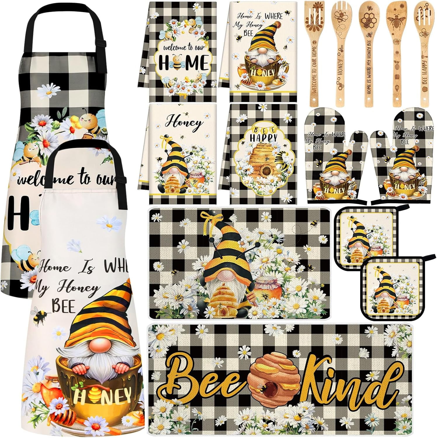 Bee Gnome 17-Pc Kitchen Set: Rug, Mat, Mitts, Holders, Apron, Towels ...
