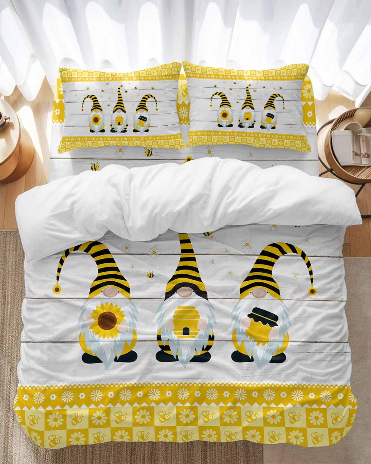 Bee Gnome Bedding Duvet Cover Set King Size 4 Pieces Daisy Flower ...