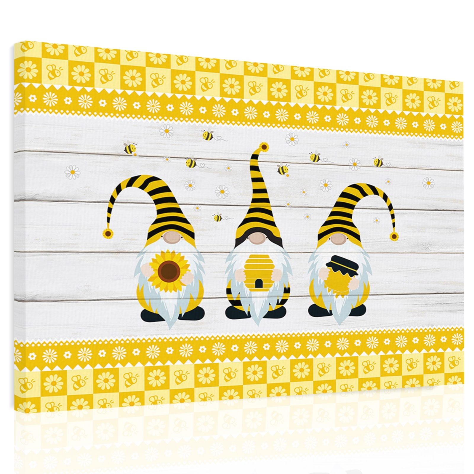 Bee Gnome Canvas Print Wall Art, Daisy Flower Rustic Wood Wall Decor ...