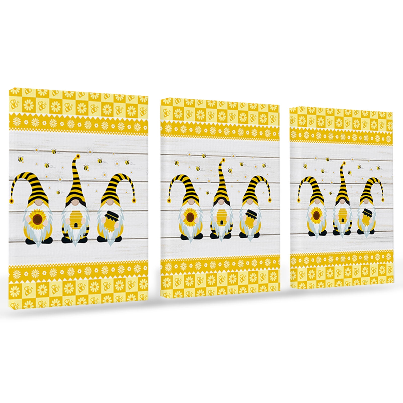 Bee Gnome Canvas Wall Art 3 Panels, Daisy Flower Rustic Wood Framed ...