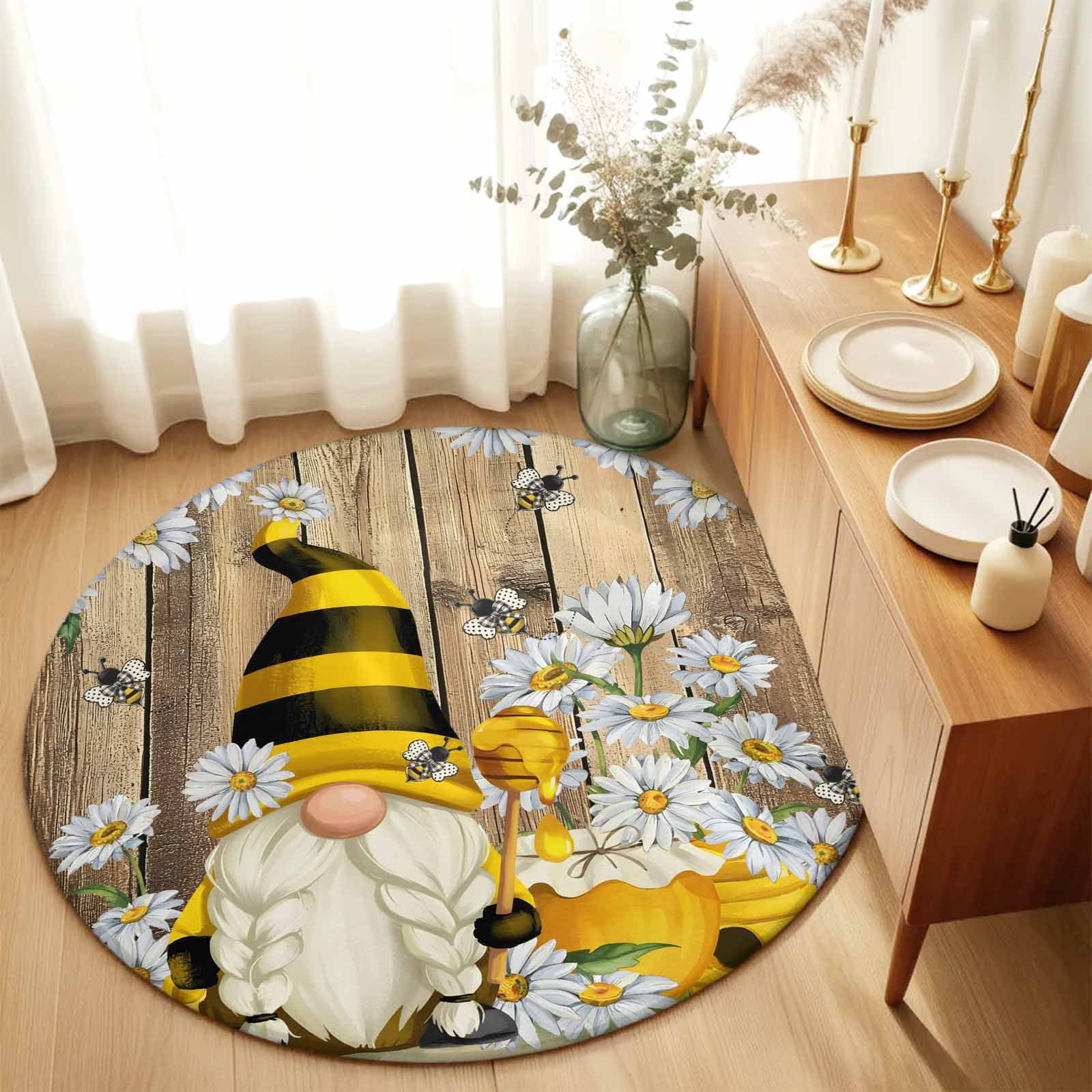 Bee Gnome Daisy Flower Round Rug 3ft Farm Vintage Wood Board Washable ...