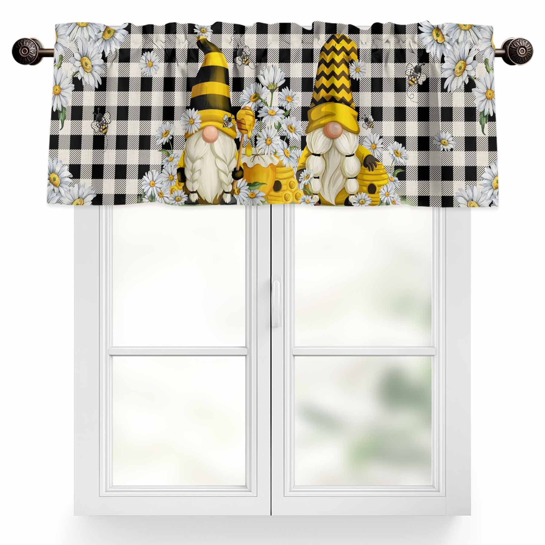 Bee Gnome Kitchen Valances for Windows Farmhouse Daisy Buffalo Plaid ...
