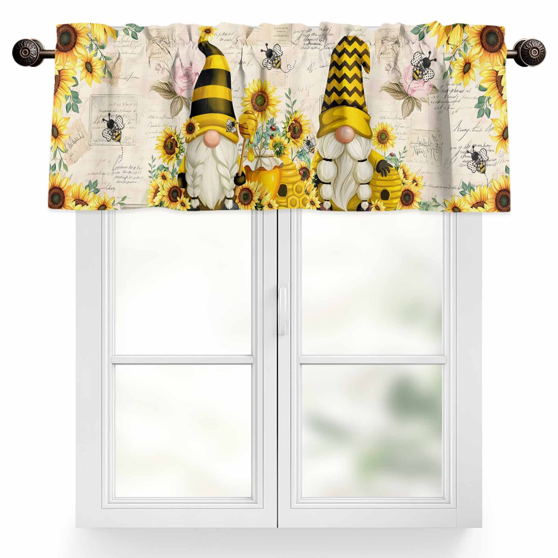 Bee Gnome Kitchen Valances for Windows Farmhouse Sunflower Spring ...