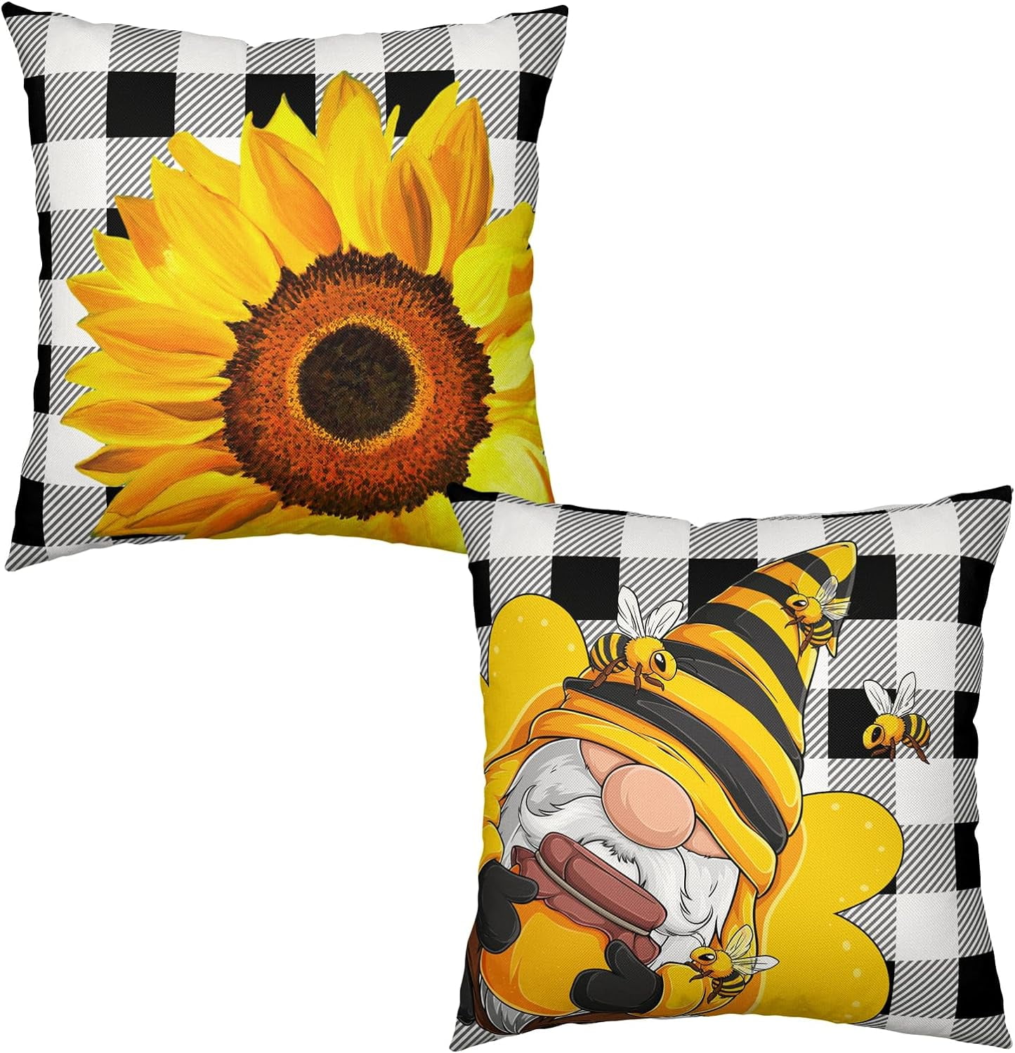 Bee Gnome Pillow Cases Set of 2 Black White Buffalo Plaid Sunflower ...