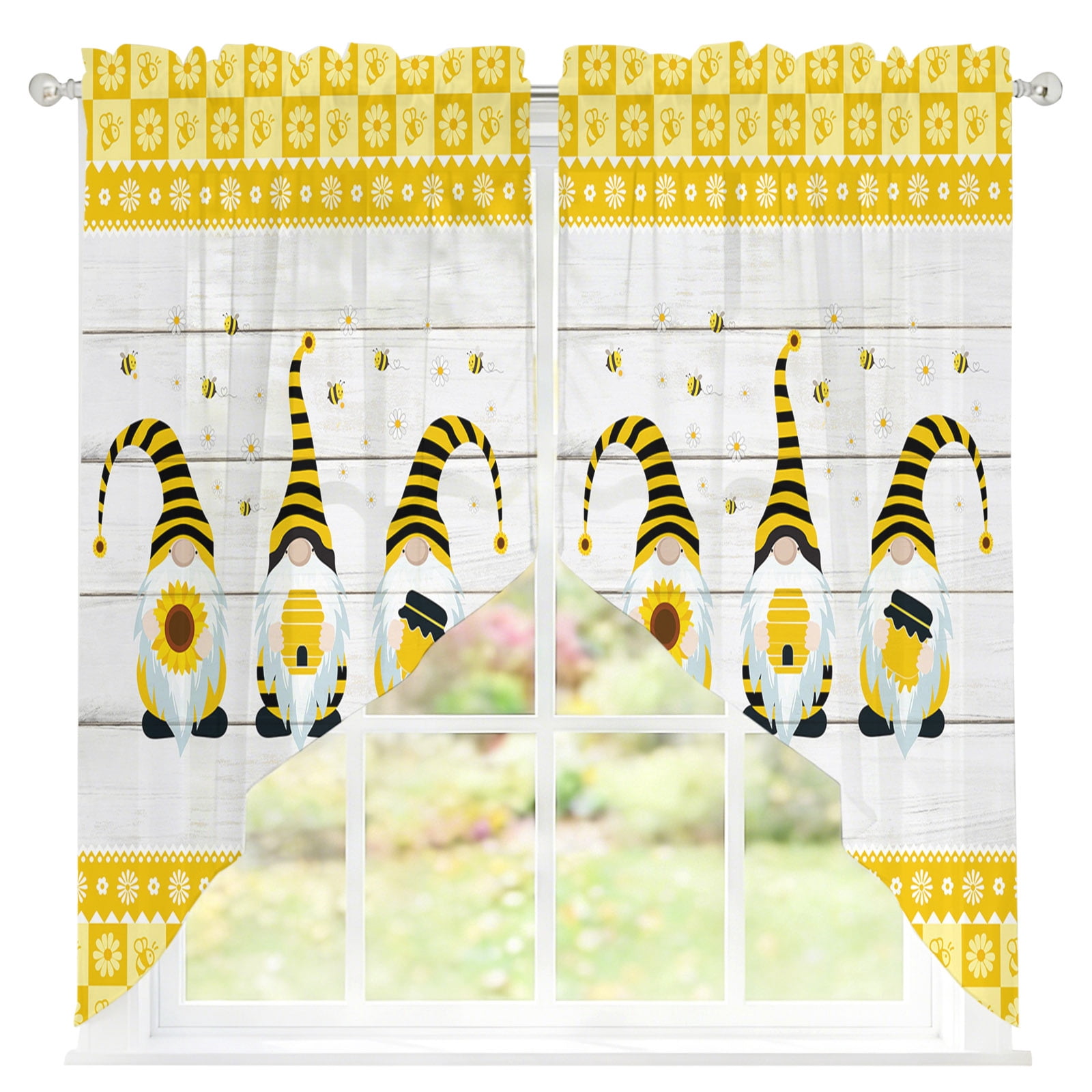 Bee Gnome Sheer Curtains Swag Valances for Windows Daisy Flower Rustic ...