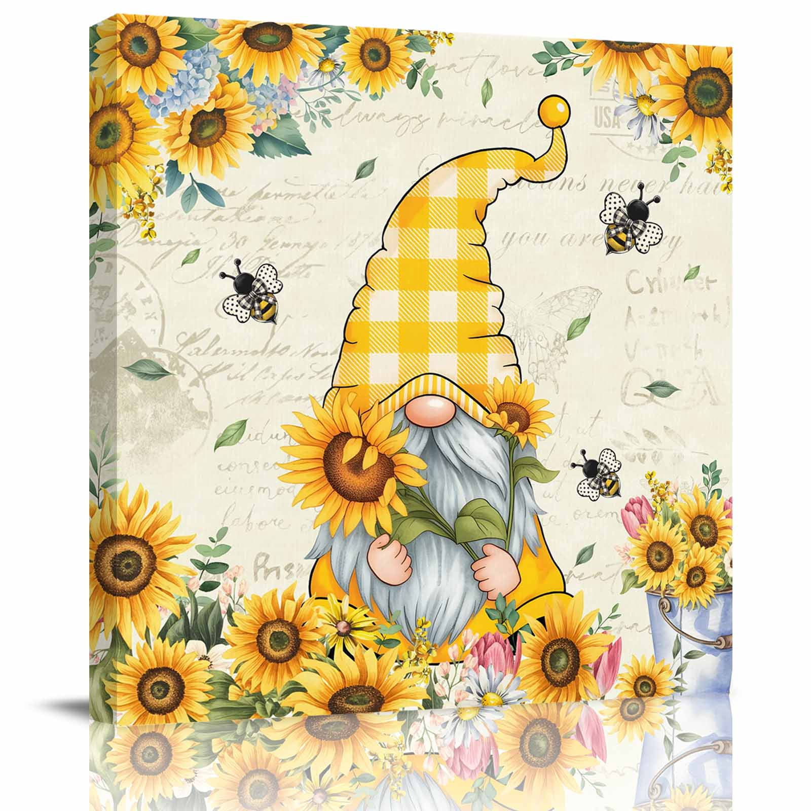 Bee Gnome Summer Sunflower Watercolor Yellow Floral Canvas Artwork ...
